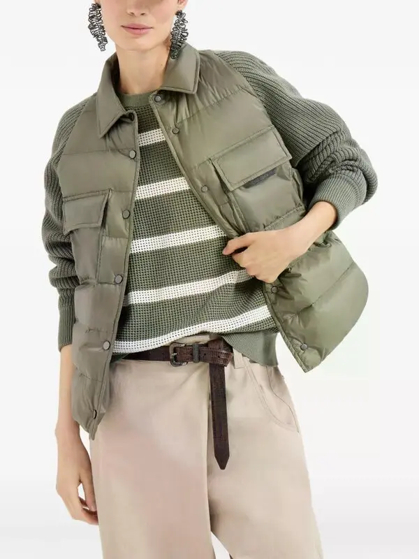 Brunello Cucinelli Quilted Pocket Knit-sleeve Jacket - Green