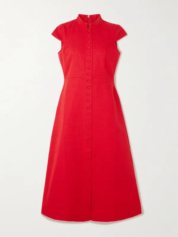 DESTREE Textured Cotton Midi Dress With Button Detail - Red