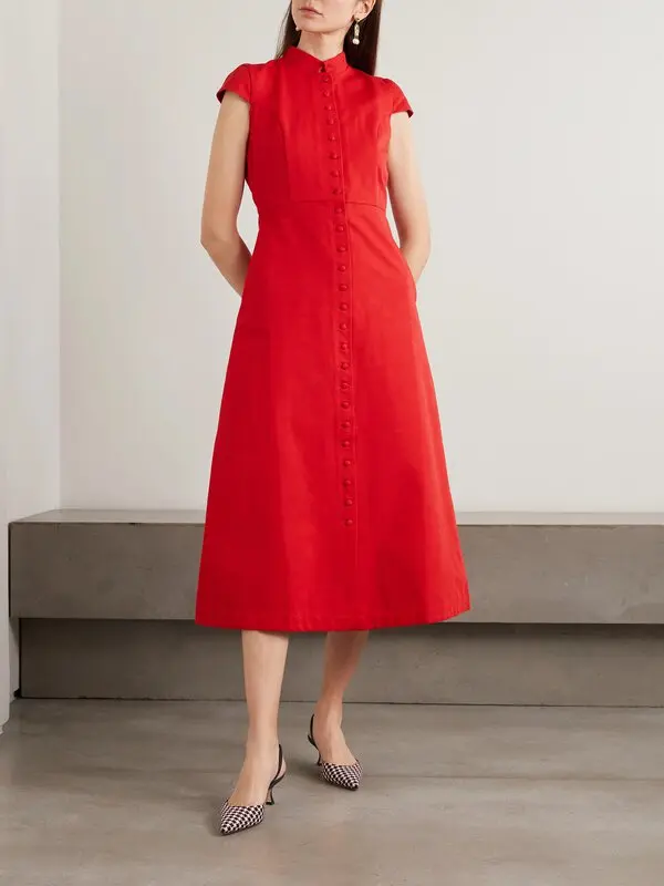 DESTREE Textured Cotton Midi Dress With Button Detail - Red