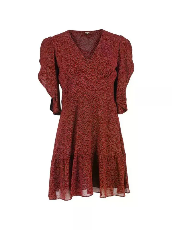 Michael Kors Printed V-neck Cascade Sleeve Dress - Red