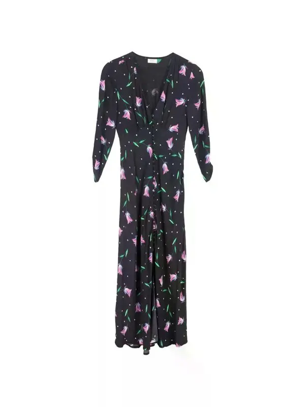 Rixo Floral Print V-neck Three-quarter Sleeve Midi Dress