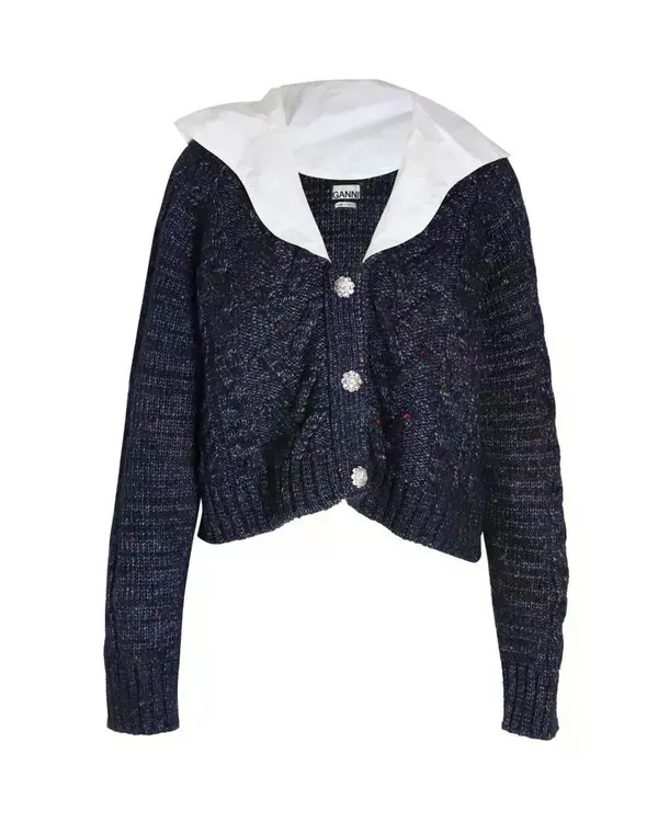 GANNI Cable-knit Poplin Collar Cardigan