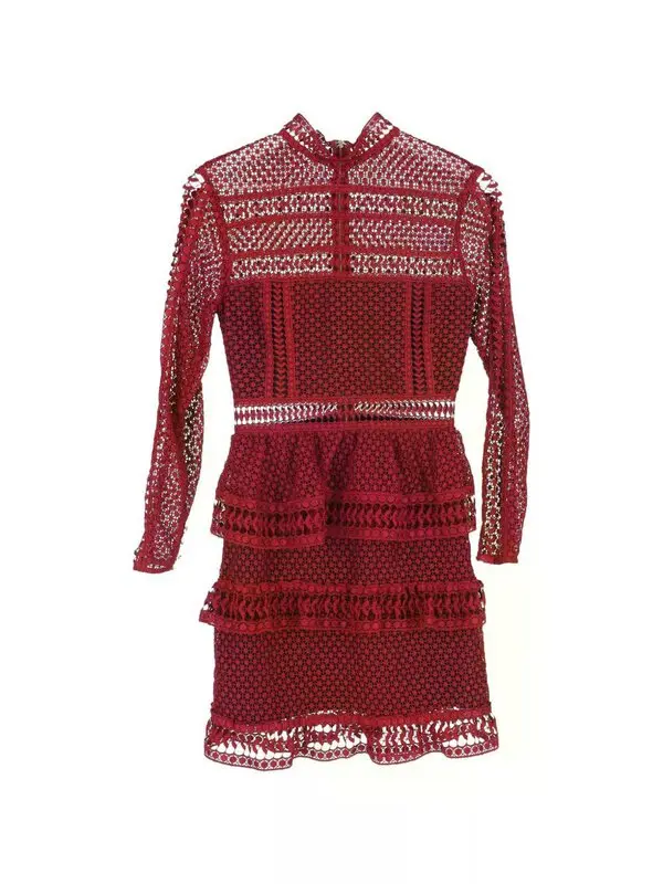 SELF-PORTRAIT Lace Long Sleeve Mini Tiered Skirt Dress - Red