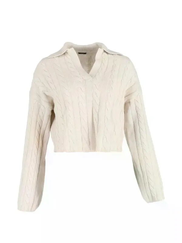 JOSEPH Beige Wool Cable Knit Collared Cropped Sweater