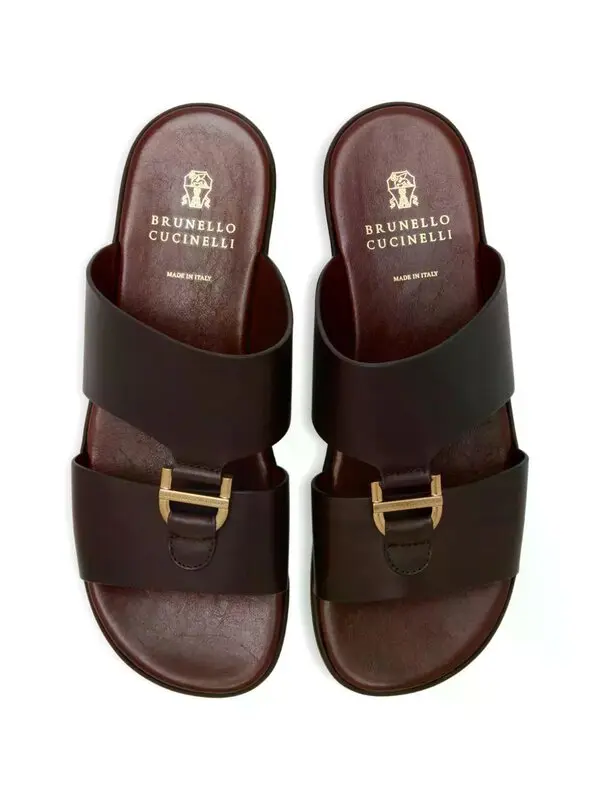 Brunello Cucinelli Dark Leather Buckle Strap Platform Sandals - Brown