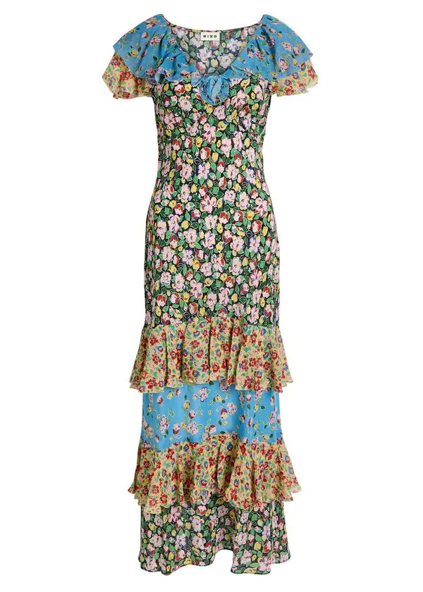 Rixo Floral Ruffled Silk Midi Dress - Multicoloured