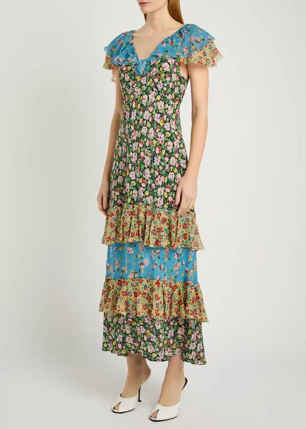 Rixo Benoite Floral Ruffled Silk Midi Dress