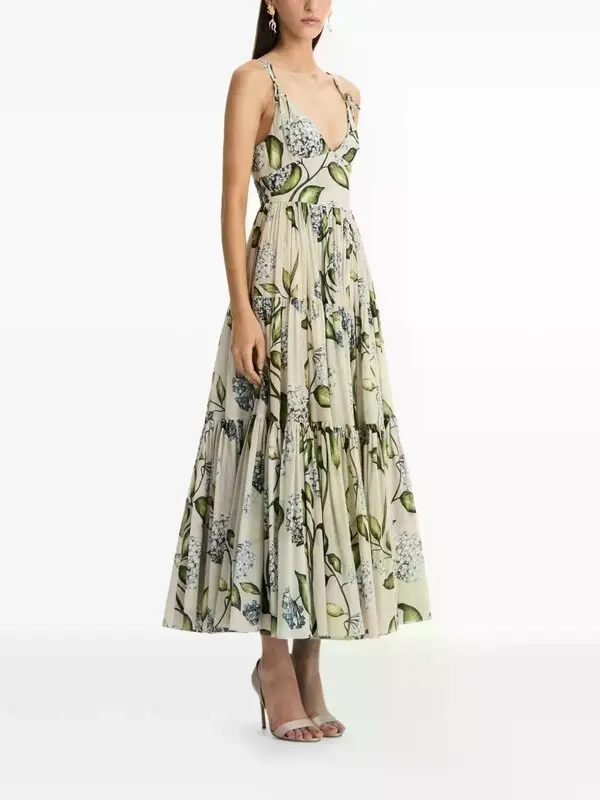 Oscar De La Renta Floral Print V-neck Midi Dress - Neutrals