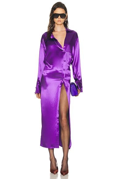 Attico Midi Satin Dress With Button Front And Slit - Dark Violet