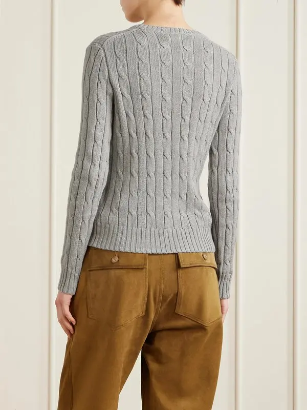 Polo Ralph Lauren Embroidered Cable-knit Cotton Crew Neck Sweater - Gray