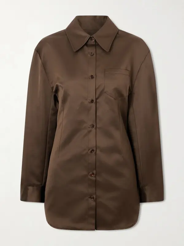 THE FRANKIE SHOP Akita Darted Satin Mini Shirt Dress - Brown