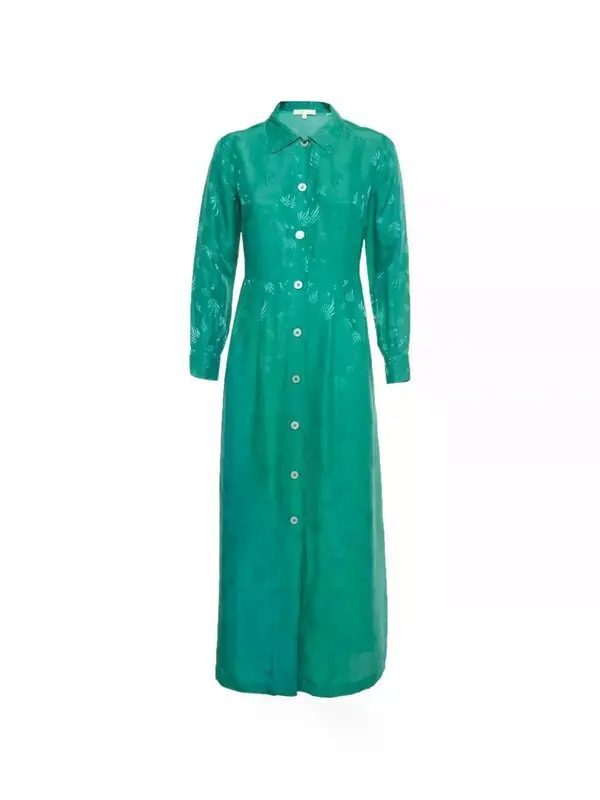 Maje Palm Tree Midi Dress With Collared Neckline And Long Sleeves