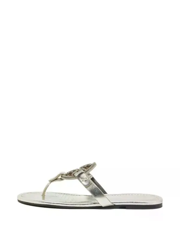 Tory Burch Miller Leather Logo Detail Flat Sandals - Silver
