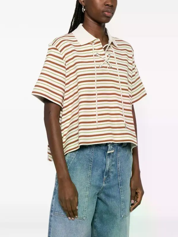 Moncler Striped Lace-up Polo Top - Neutrals