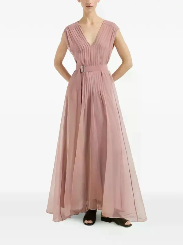 Brunello Cucinelli Belted V-neck Pleated Maxi Dress
