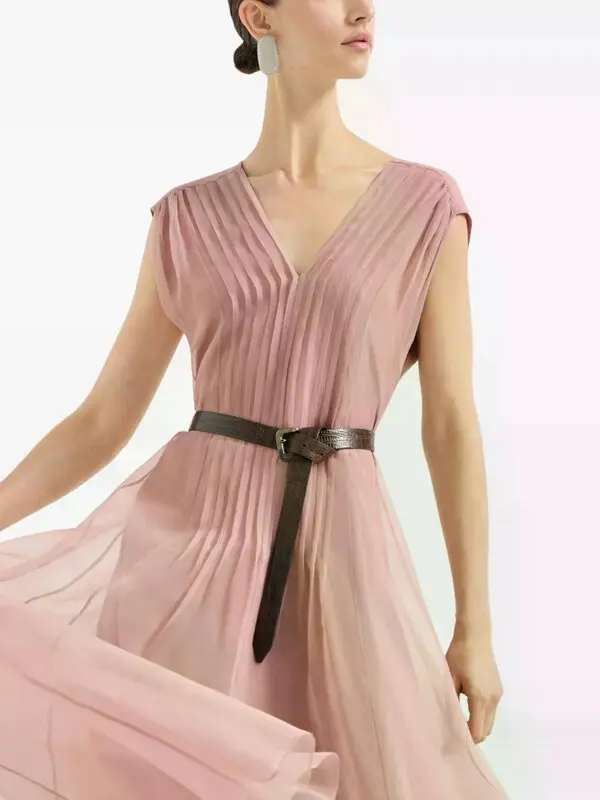 Brunello Cucinelli Belted V-neck Pleated Maxi Dress