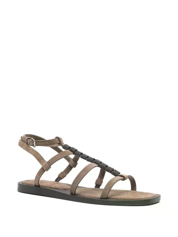 Brunello Cucinelli Beaded Strappy Flat Sandals - Brown
