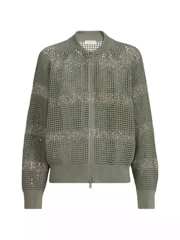Brunello Cucinelli Zip-up Cardigan With Striped Detailing - Green