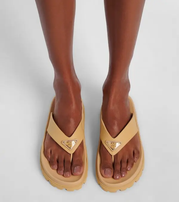Prada Logo Thong Sandals - Beige
