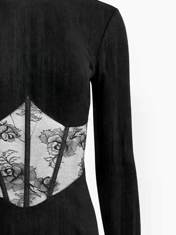 FLEUR DU MAL Bouquet Lace Boned Midi Dress - Black