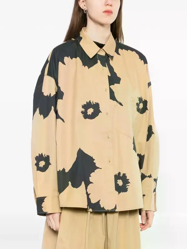LESS Floral Print Long Sleeve Shirt - Neutrals