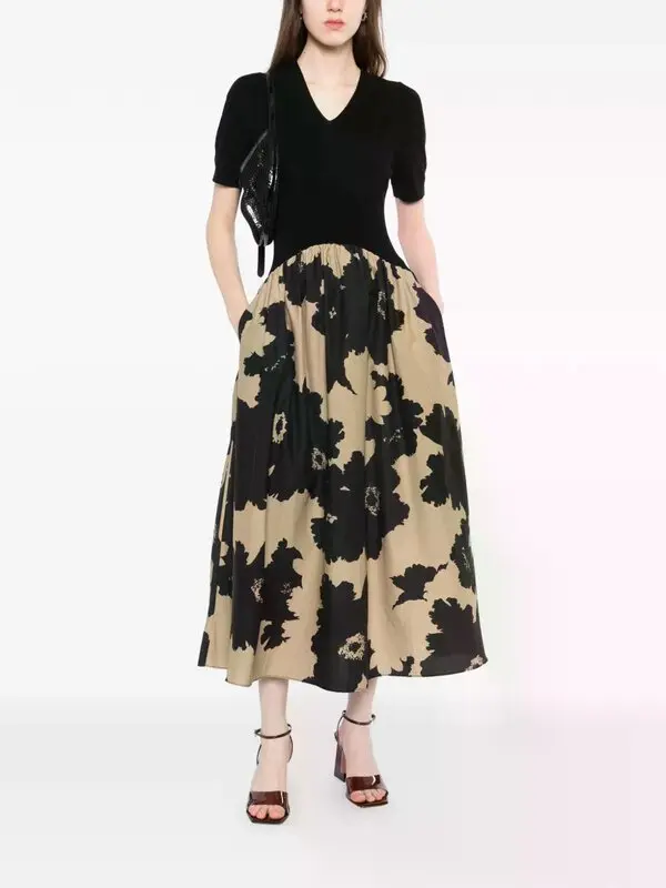 LESS Floral Print V-neck Dress With Short Sleeves