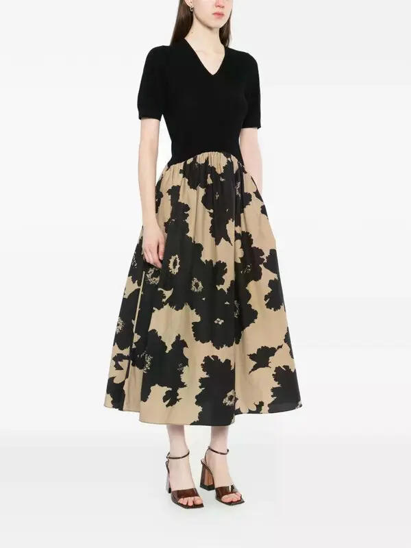 LESS Floral Print V-neck Dress With Short Sleeves
