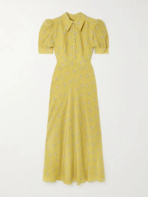 Alessandra Rich Embellished Floral-print Silk Crepe De Chine Midi Dress - Yellow