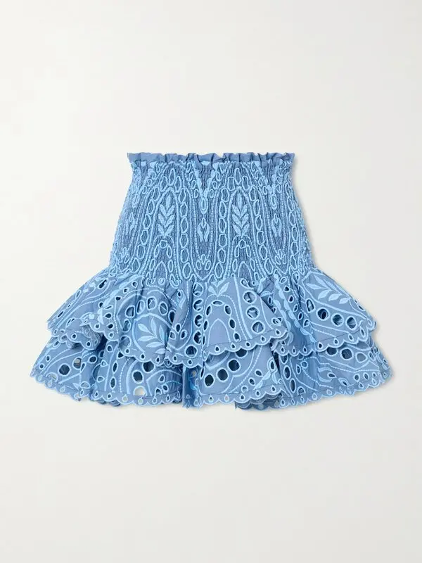 Charo Ruiz Ibiza Tiered Shirred Broderie Anglaise Cotton-blend Mini Skirt