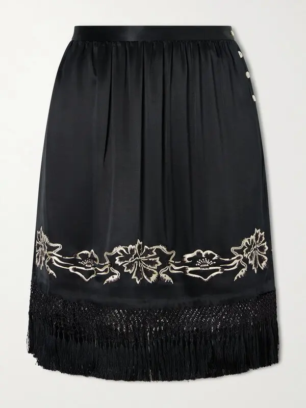 BODE Phantasm Fringed Embroidered Silk-satin Mini Skirt - Black
