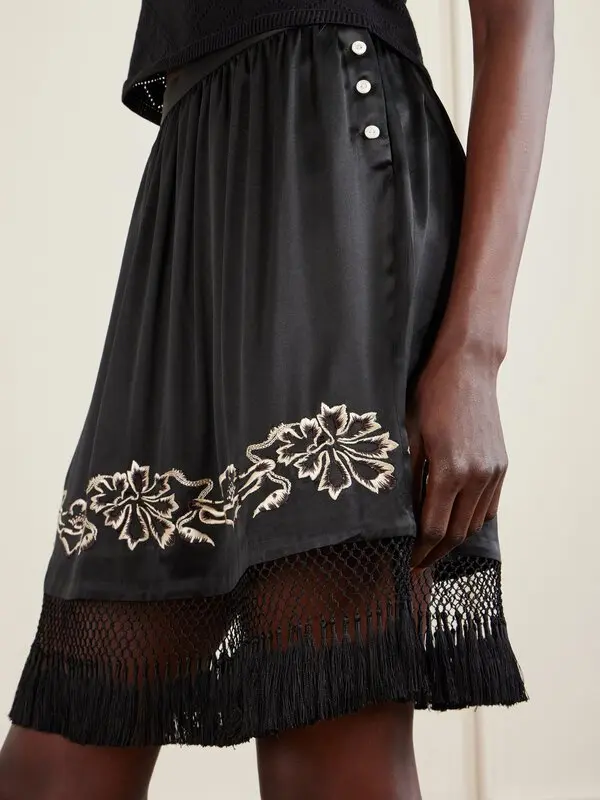 BODE Phantasm Fringed Embroidered Silk-satin Mini Skirt - Black