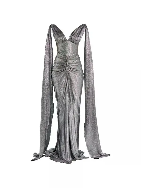 RHEA COSTA V-neck Capelet Gown - Silver