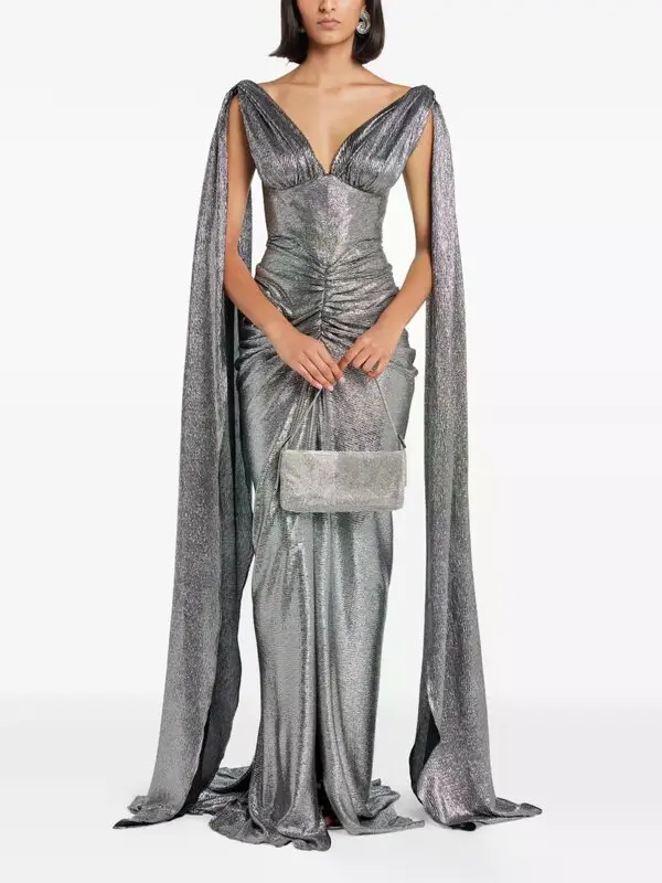 RHEA COSTA V-neck Capelet Maxi Dress With Gathered Detail And Train
