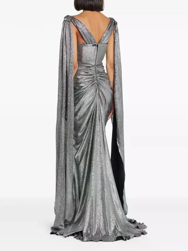 RHEA COSTA V-neck Capelet Maxi Dress With Gathered Detail And Train