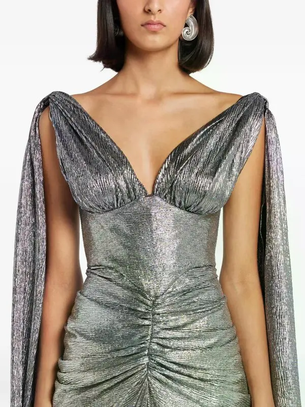 RHEA COSTA V-neck Capelet Maxi Dress With Gathered Detail And Train