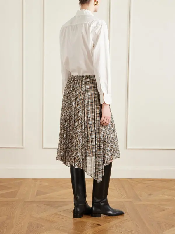 Acne Studios Asymmetric Pleated Checked Chiffon Midi Skirt - Gray