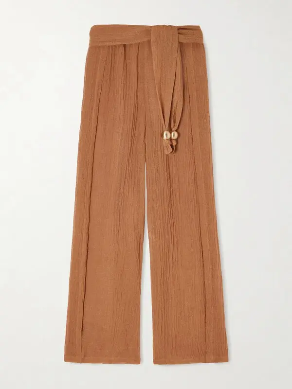 Lisa Marie Fernandez Embellished Belted Crinkled Linen-blend Gauze Wide-leg Pants - Brown