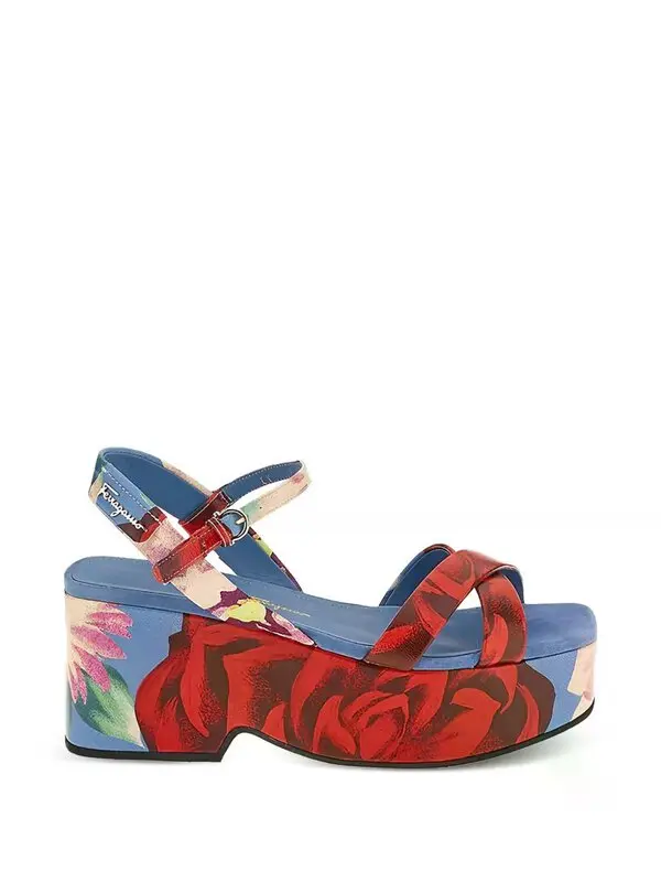 FERRAGAMO Floral Print Buckled Platform Sandals - Blue