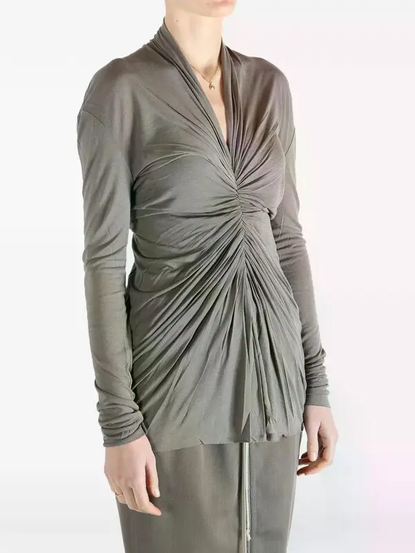 Rick Owens Long Sleeve Draped V-neck Top - Grey