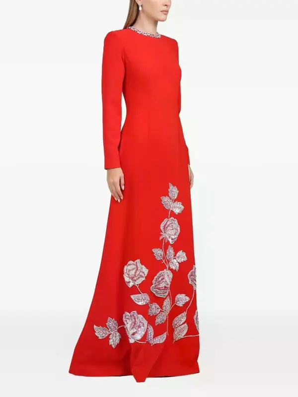 DINA MELWANI Floral Embroidered Column Maxi Dress - Red