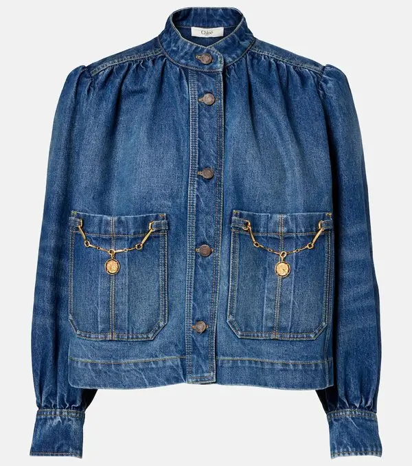 Chloé Gathered Embellished Denim Jacket - Blue