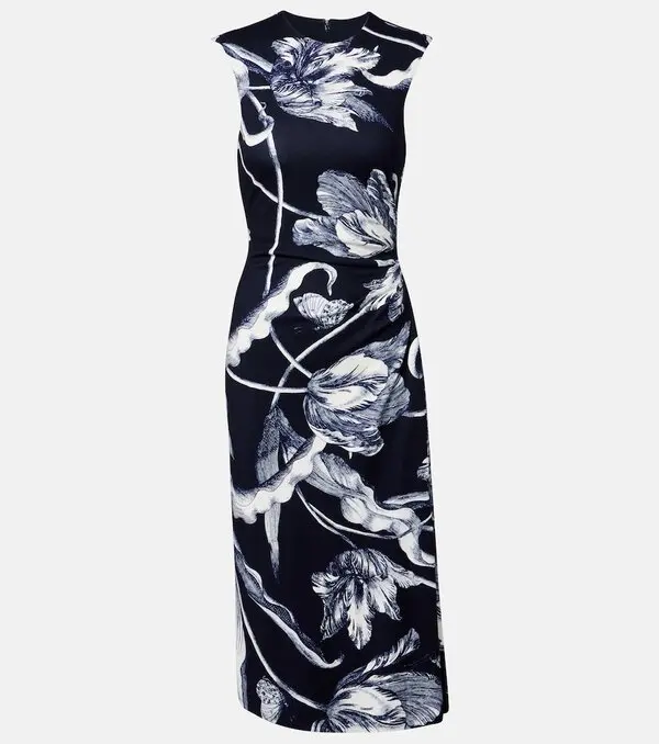 Erdem Draped Floral Jersey Midi Dress - Blue