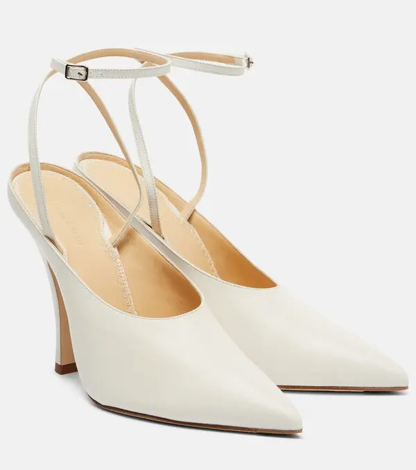 Magda Butrym Leather Pointed Open Toe Pumps With Buckle Ankle Strap - White