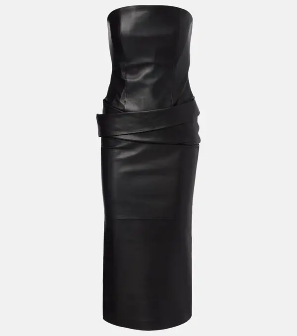 Alex Perry Strapless Leather Midi Dress - Black