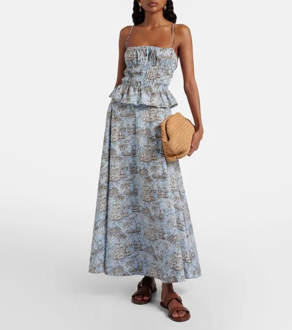 Staud Floral Ruched Cotton Top - Blue