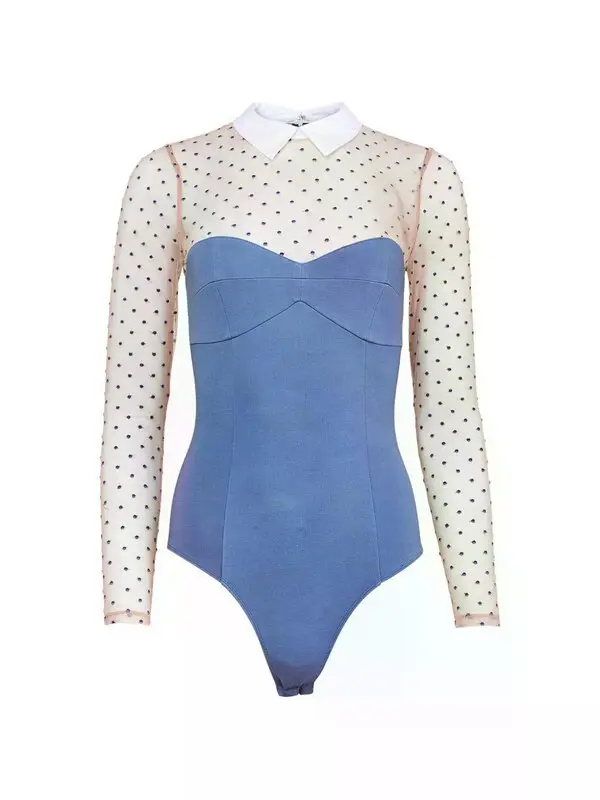 FLEUR DU MAL Collared Dotted Tulle Bodysuit - Blue