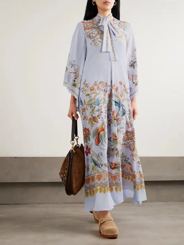 Etro Printed Silk Pussy-bow Maxi Dress