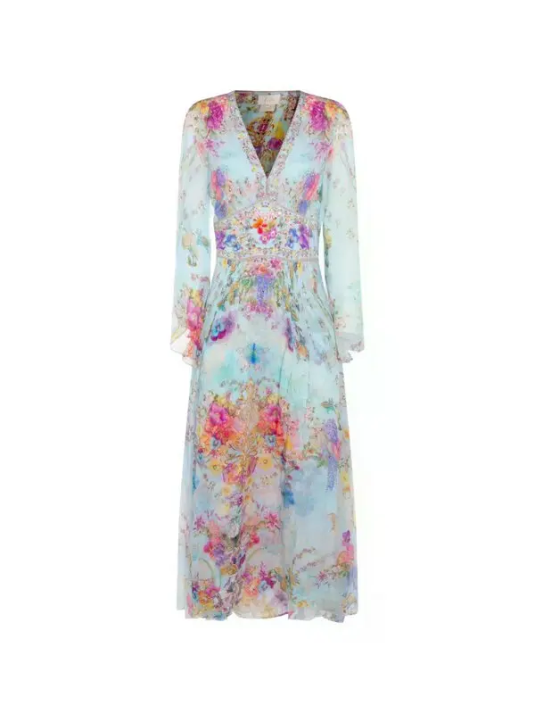 Camilla Bazar Blooms Embellished V-neck Maxi Dress - Blue