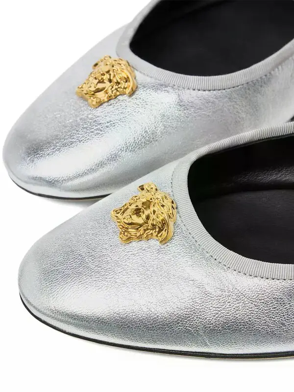 Versace Metallic Calf Leather Ballet Flats With Medallion Hardware - Silver