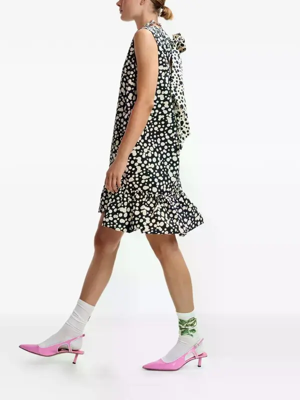 Essentiel Antwerp And White Spot Print Mini Dress With Open Back And Ruffle Trim